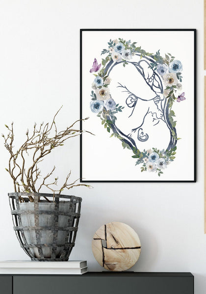 Doula Art Print - Baby in Womb with Placenta and Flowers - Perfect Mid ...